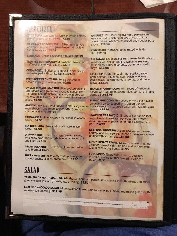 Menu at Izakaya Torae Torae restaurant, Honolulu