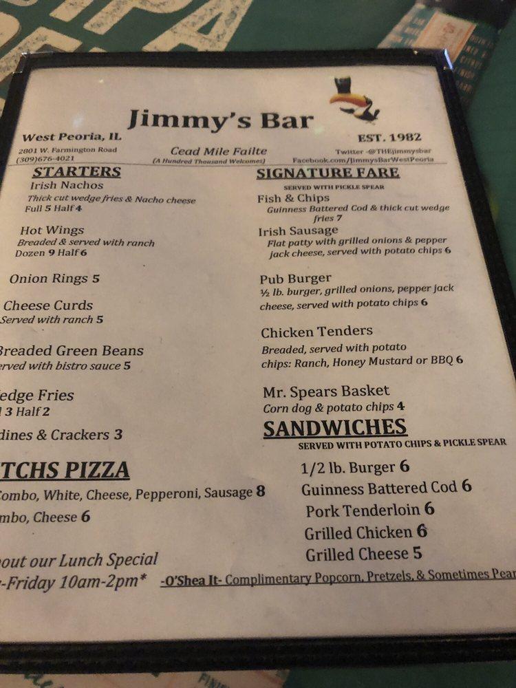 Menu at Jimmy's Bar, West Peoria