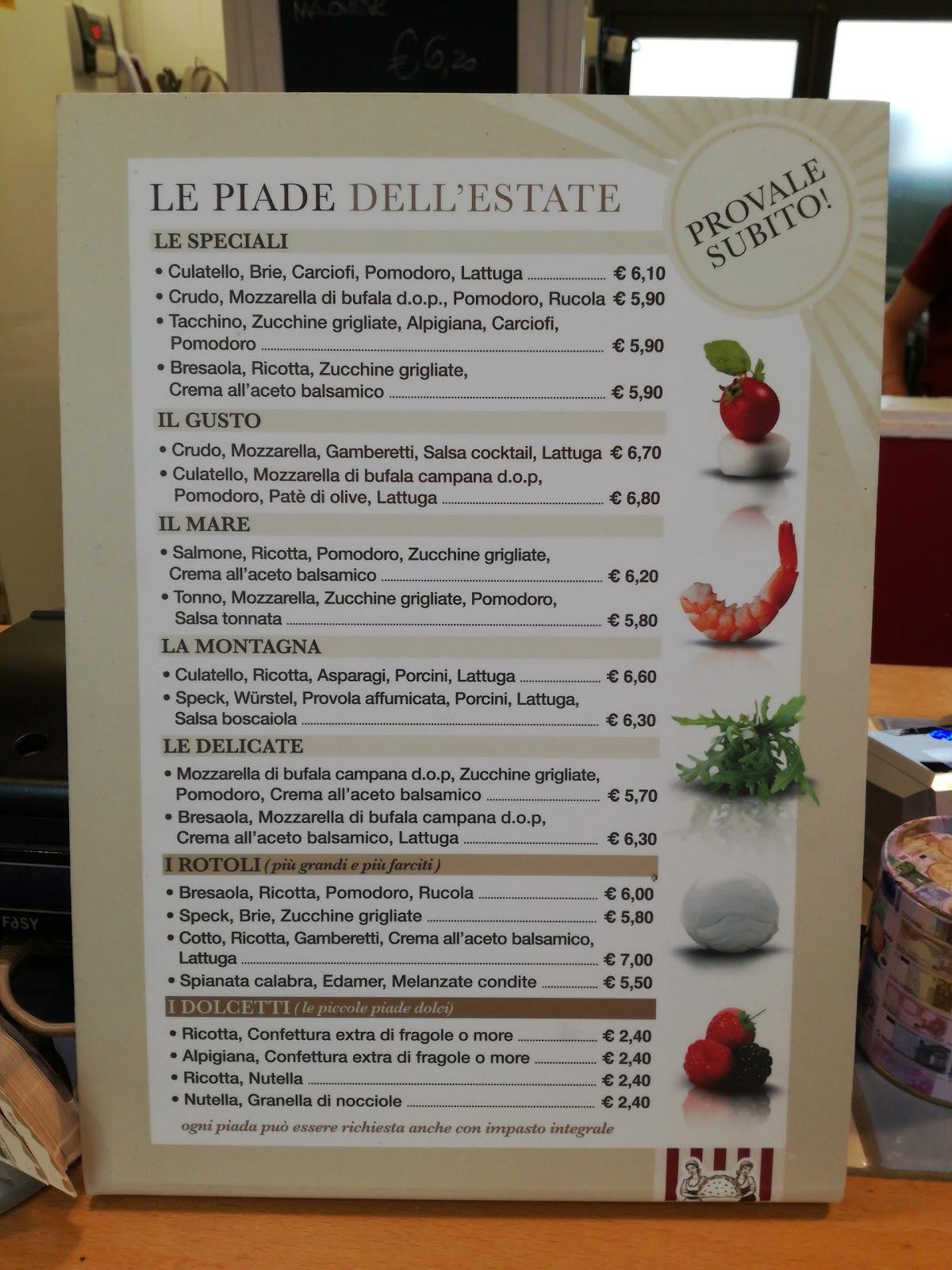 Menu da La Piadineria ristorante, Bergamo, Via Borgo Palazzo