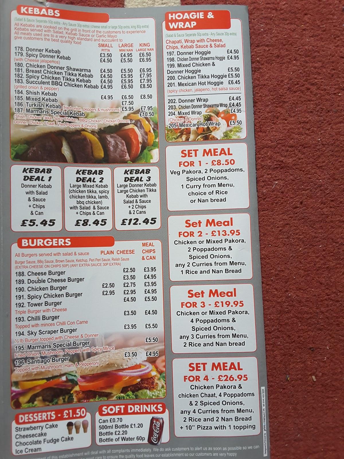 Menu at Marmaris restaurant, Glasgow, 285 Duke St