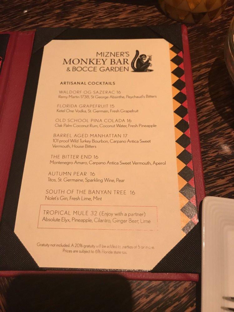 Menu at Mizner's Monkey Bar, Boca Raton