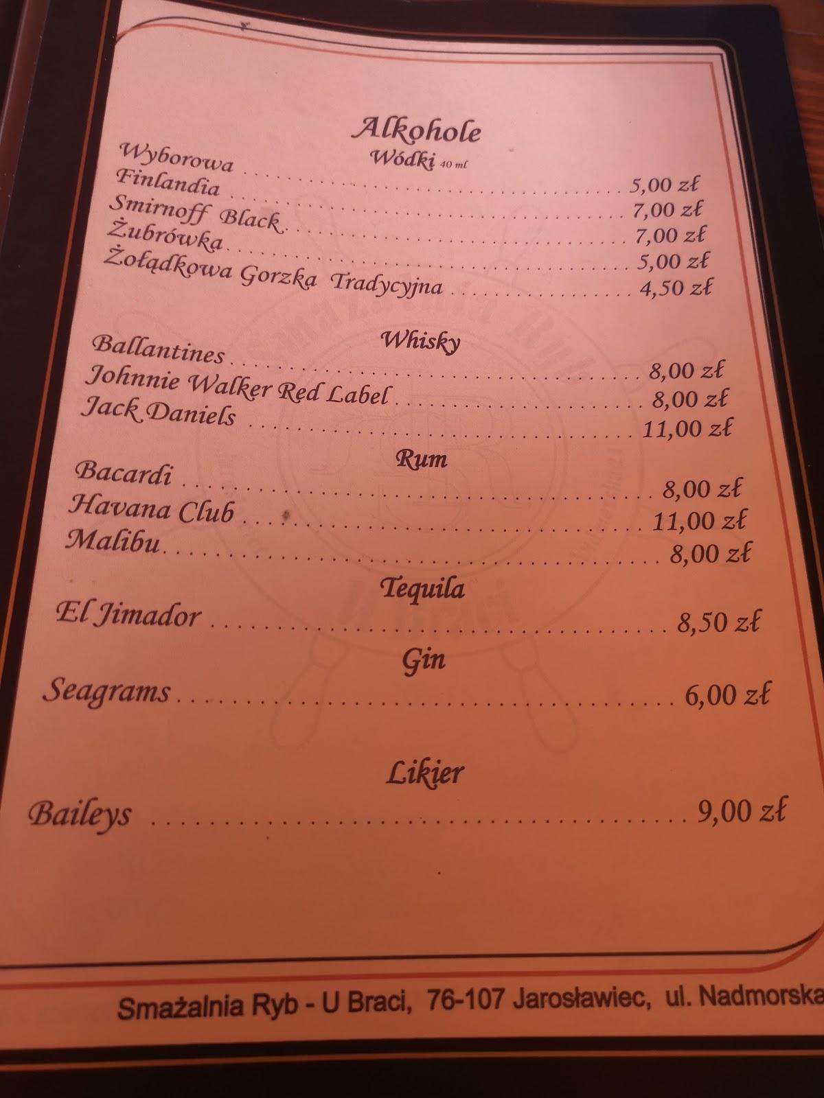 Menu at Restauracja u Braci restaurant, Jarosławiec