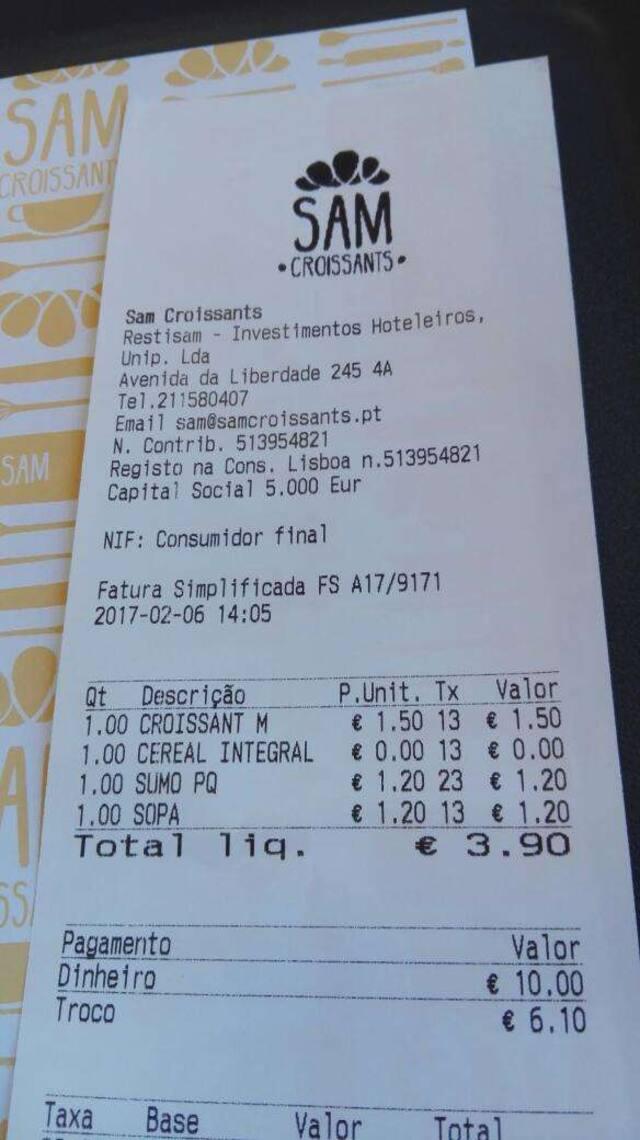 Carta del restaurante Sam Croissants, Lisboa, Avenida das Forças Armadas