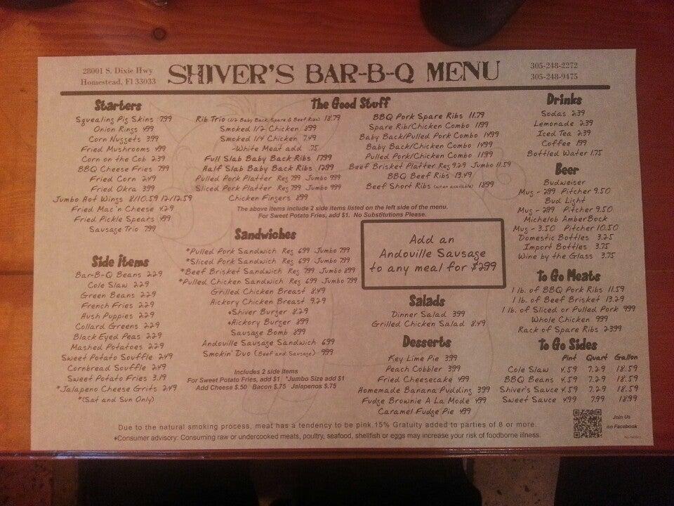 Carta de Shiver's BBQ, Homestead