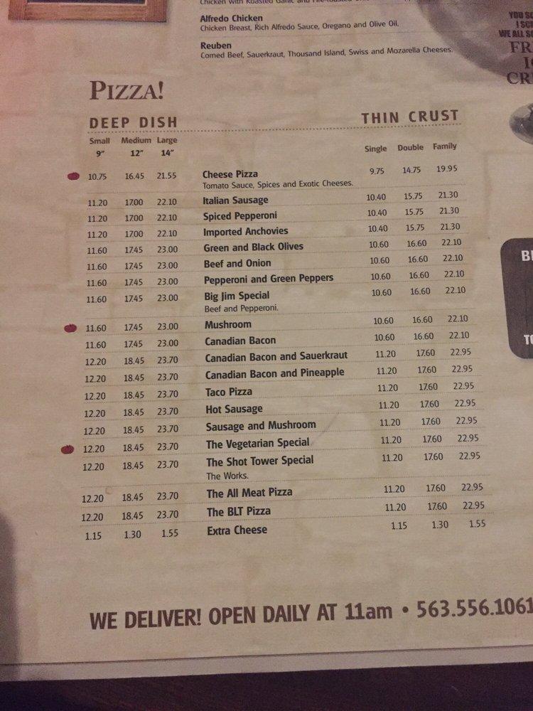 Menu at Shot Tower Inn pizzeria, Dubuque