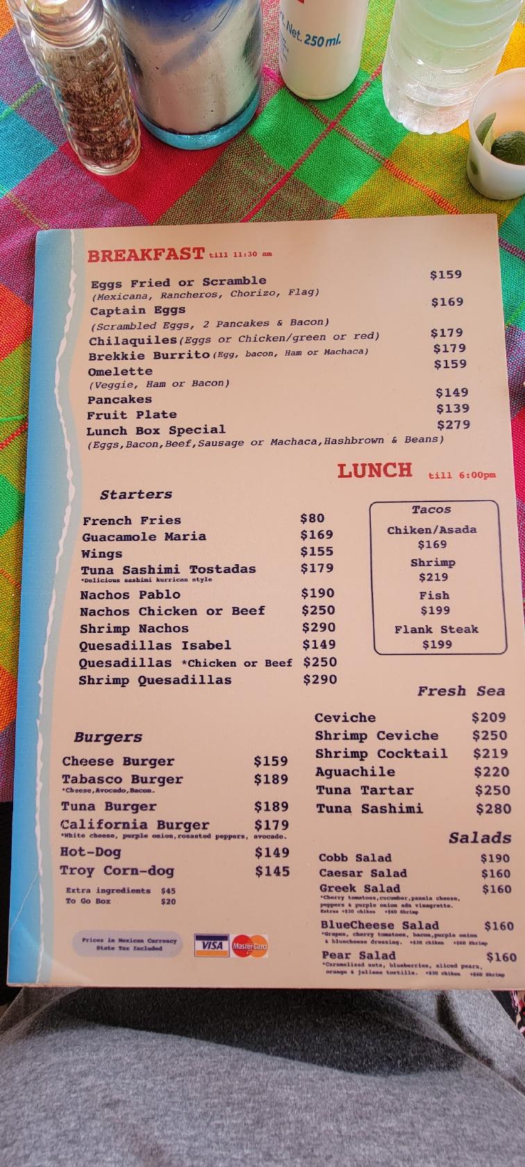Menu at Tabasco Beach pub & bar, Cabo San Lucas