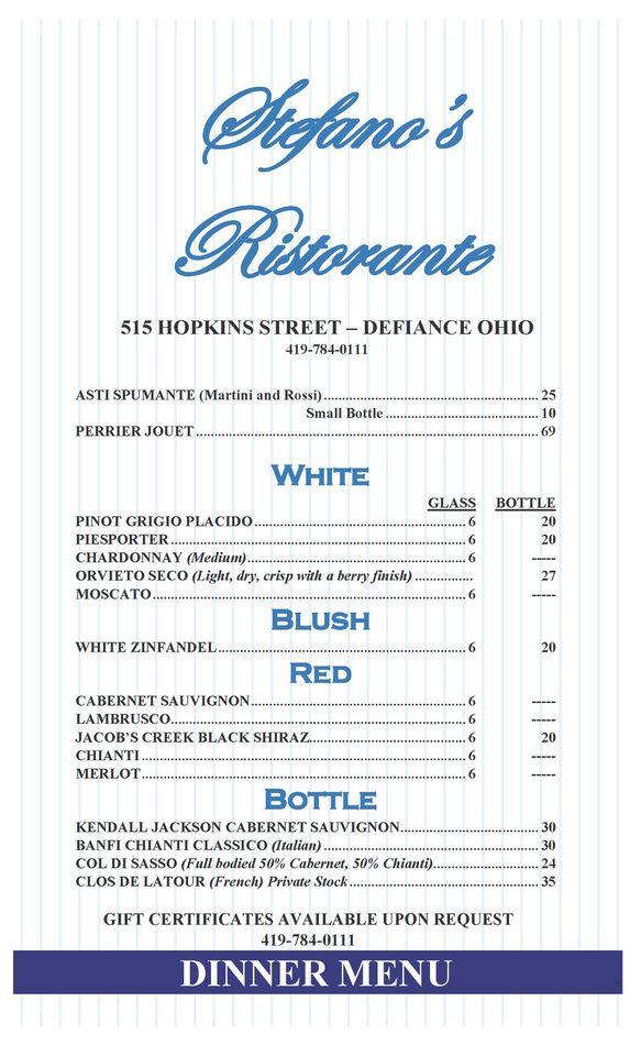 Menu at Stefano's pizzeria, Defiance