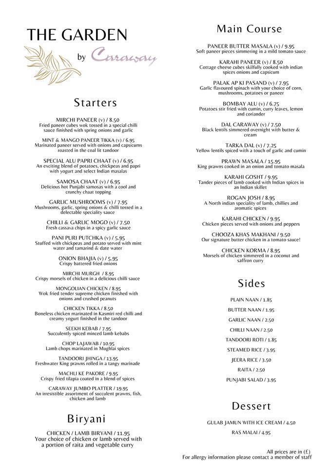 Menu at Caraway restaurant, Ilford