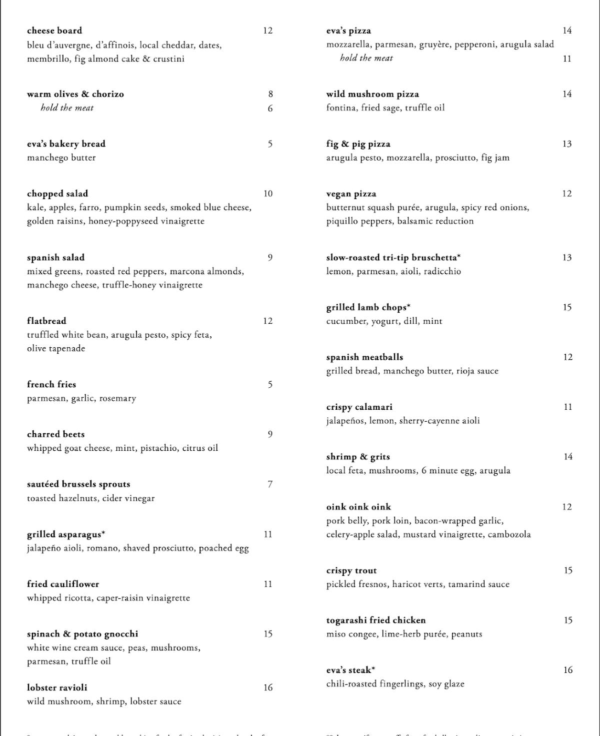 Menu at Eva desserts, Salt Lake City