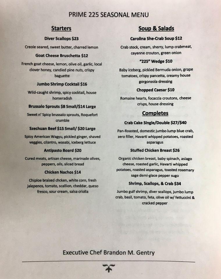 Menu at Prime 225 pub & bar, Chesapeake City