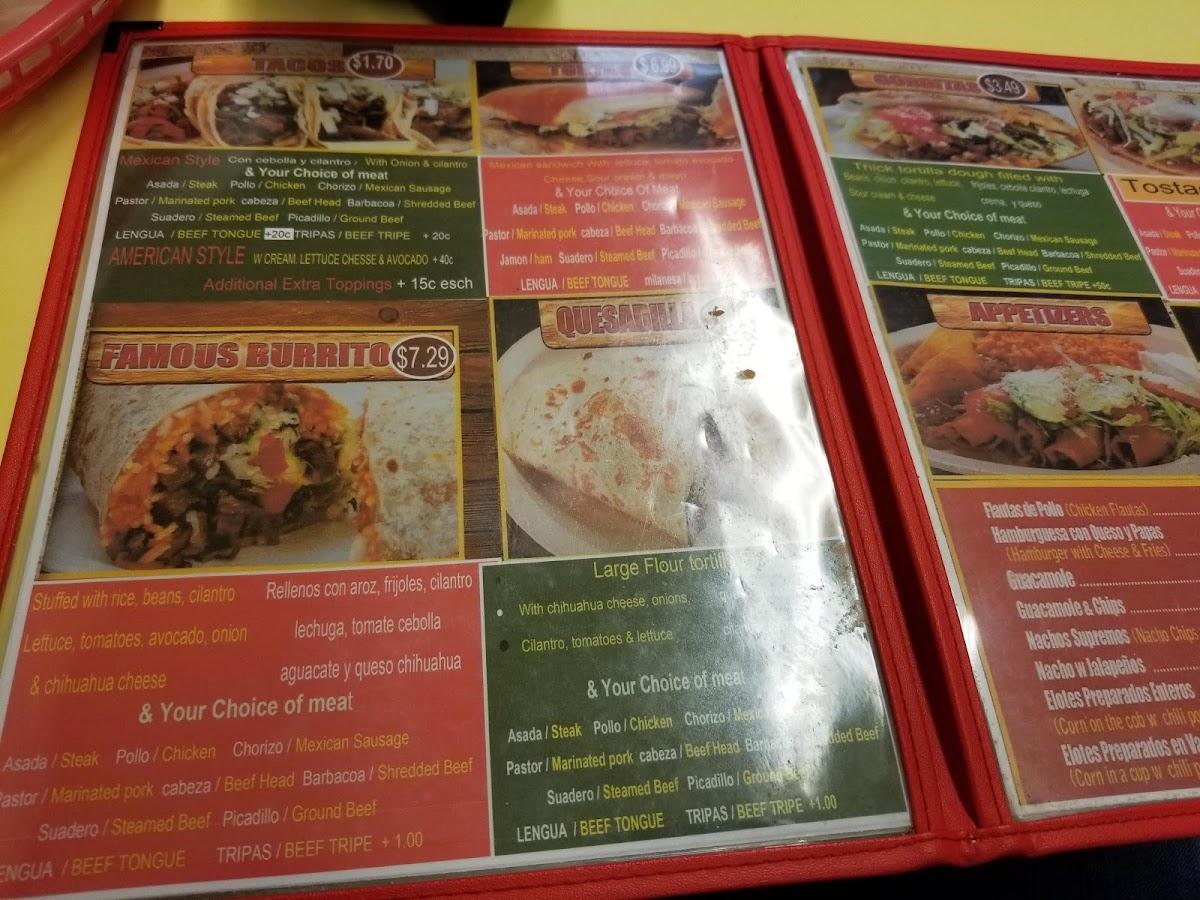 Menu at Ricky's Taqueria restaurant, Elkhart