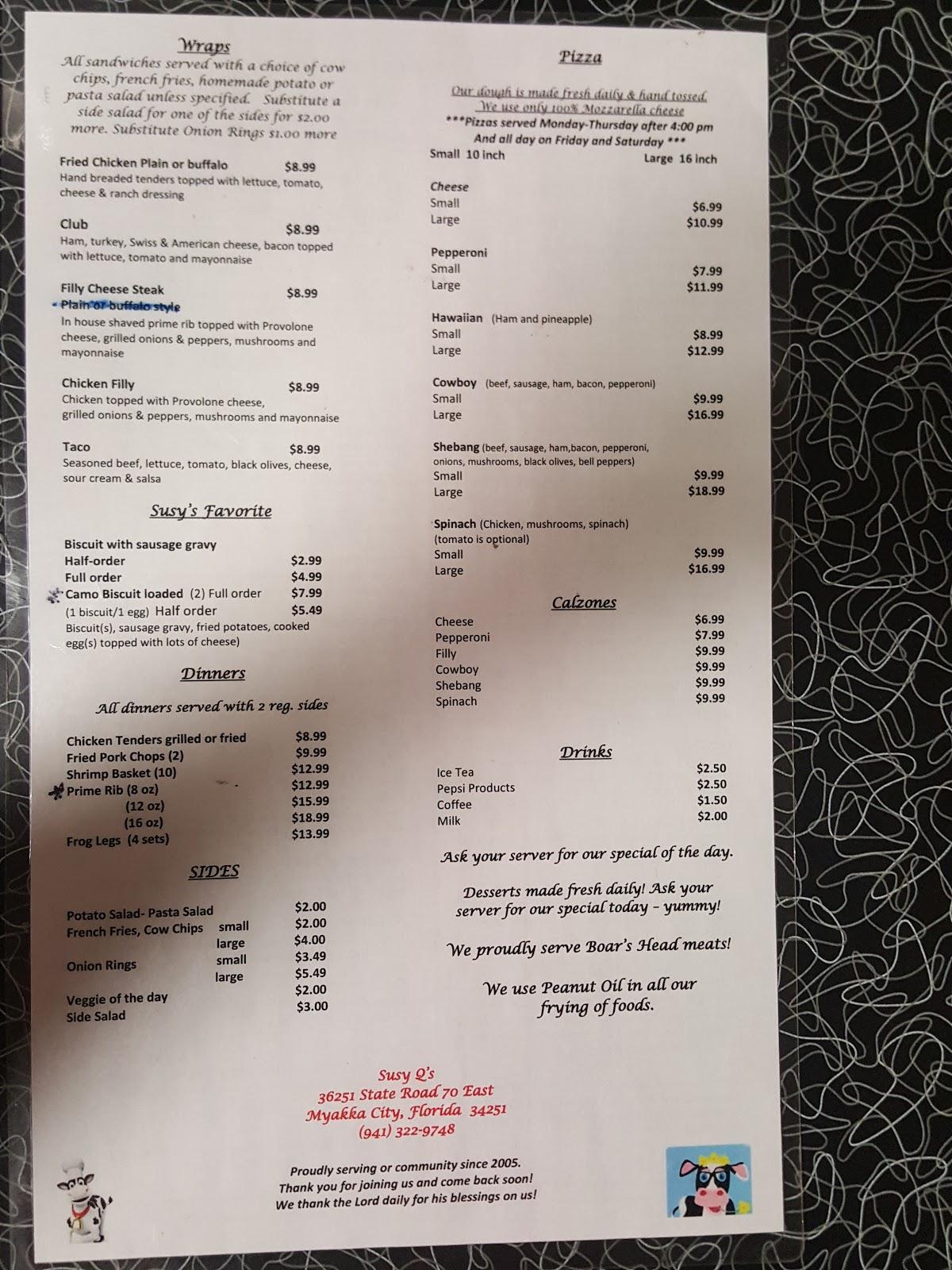 Menu at Susy Q's II restaurant, Myakka City
