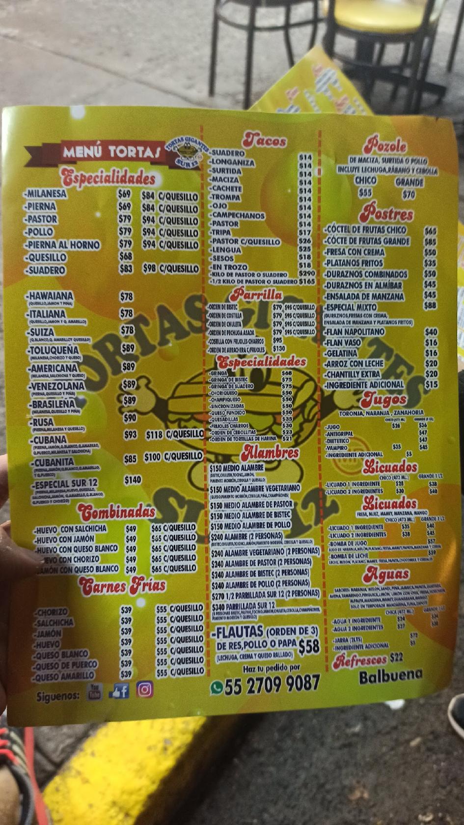 Carta del restaurante Tortas Gigantes Sur 12, Ciudad del México, Sur ...