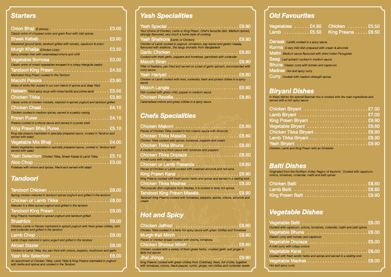 Menu at Yash restaurant, Barnby Moor