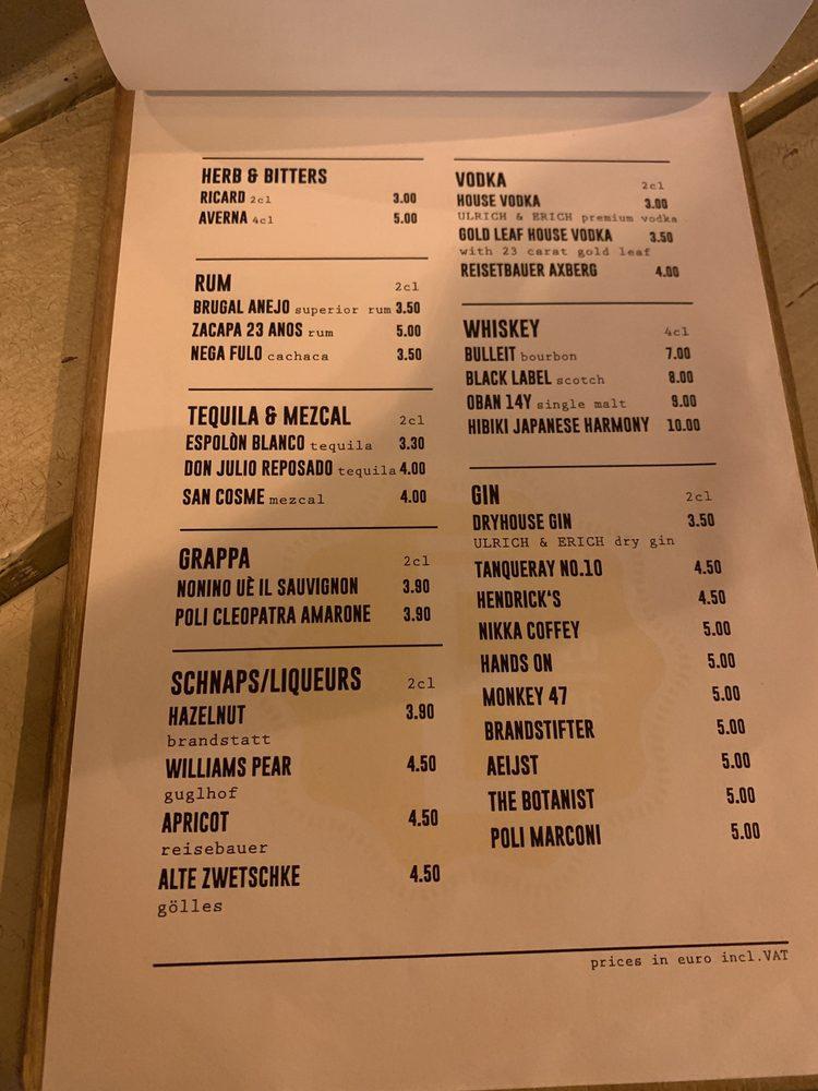 Menu at ERICH pub & bar, Vienna, Neustiftgasse 27