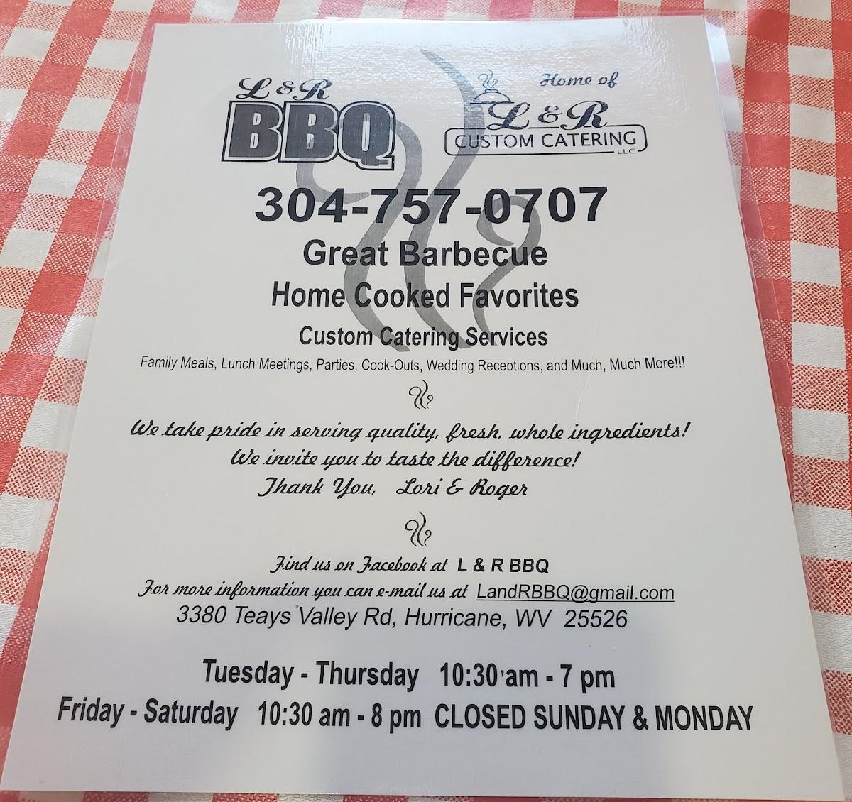 Menu at L & R Custom Catering BBQ, Hurricane
