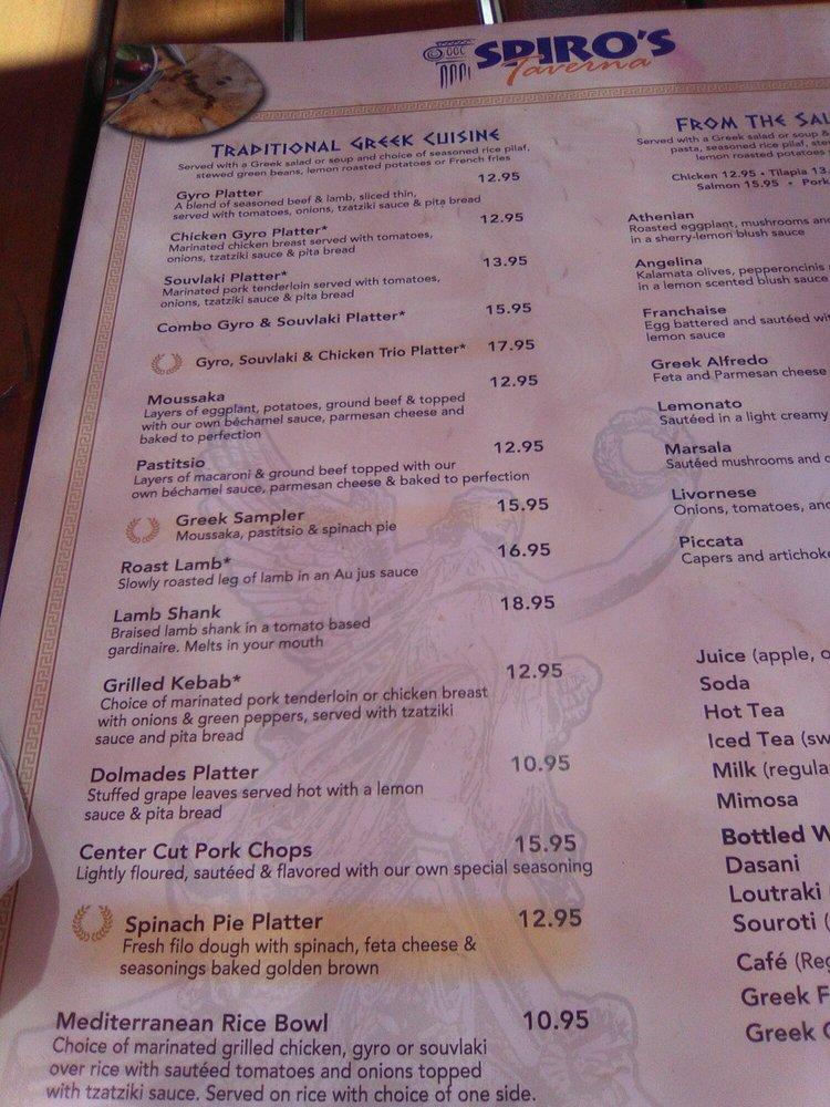 Menu at Spiro’s Taverna of Vero Beach restaurant, Vero Beach