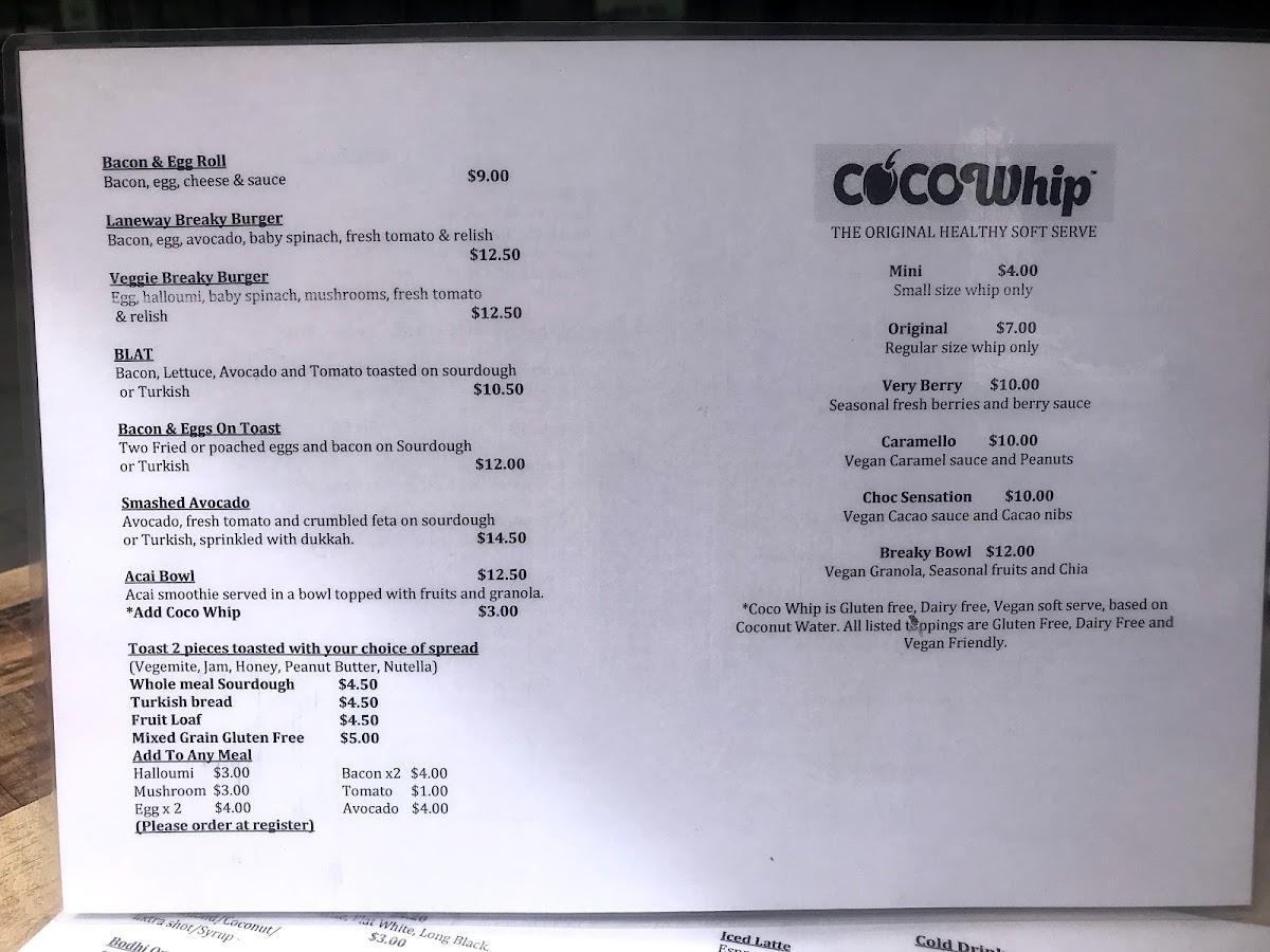 Menu at The Laneway cafe, Terrigal