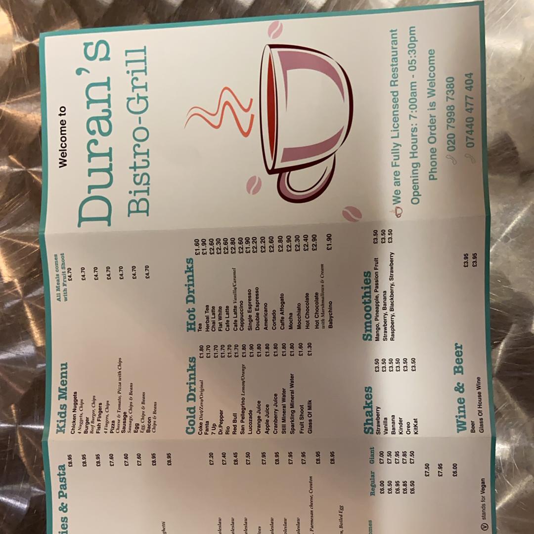 Menu at Duran's Bistro Grill cafe, Bushey, 124-126 High St