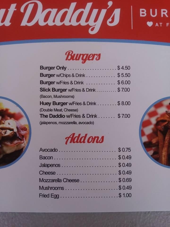 Menu at Fat Daddy's Burgers restaurant, Corpus Christi