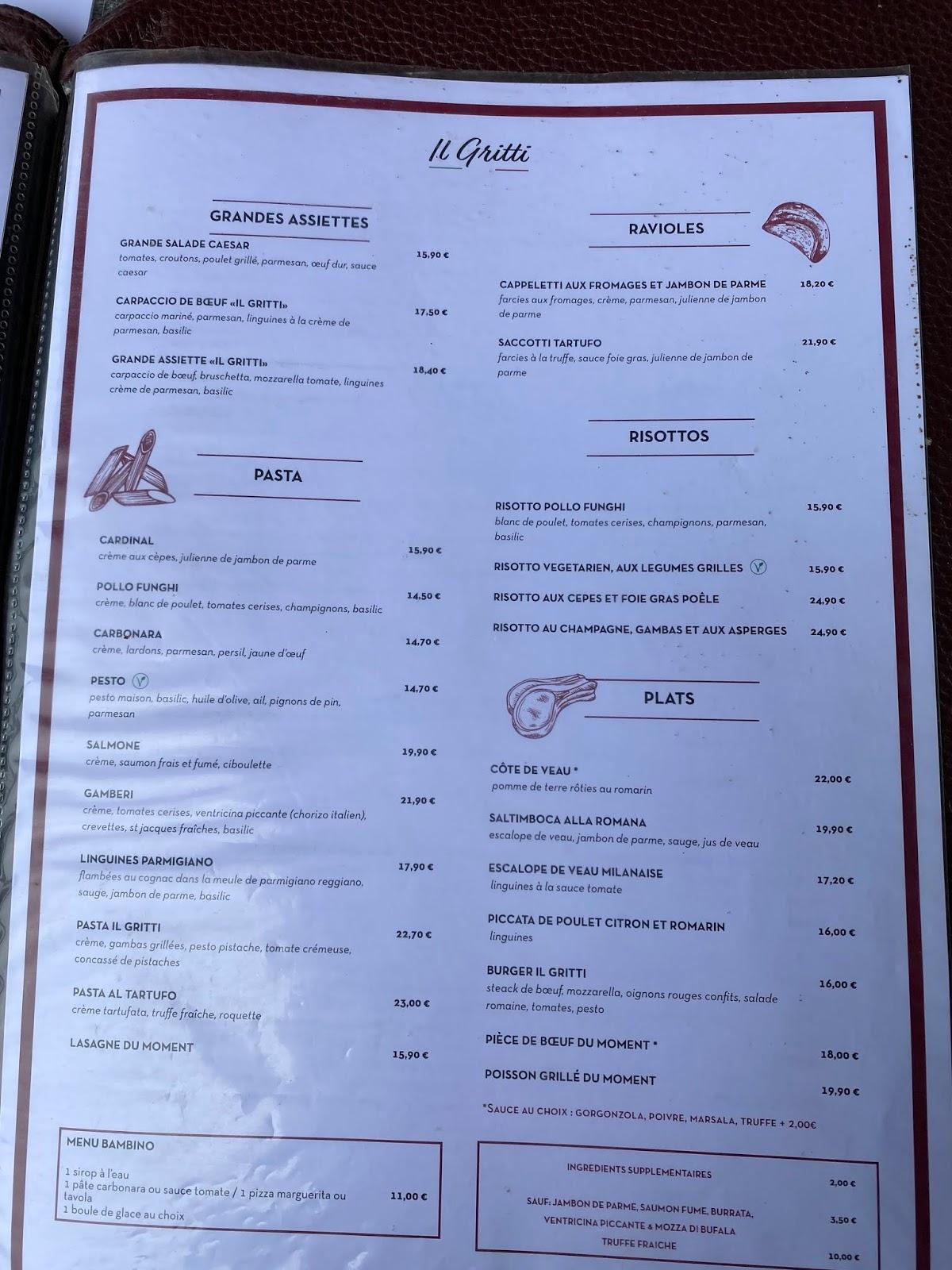 Menu at Il Gritti restaurant, Chantilly, 1 Av. Marie Amélie