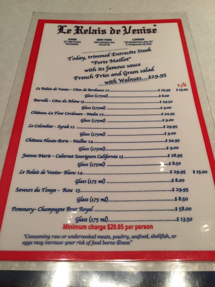 Menu at Le Relais de Venise L'Entrecôte steakhouse, West New York, 641 ...