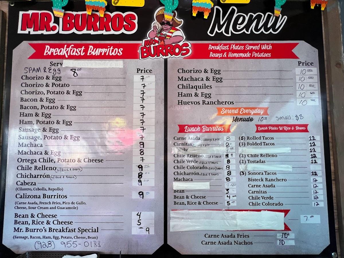 Menu at MR Burros restaurant, Yuma