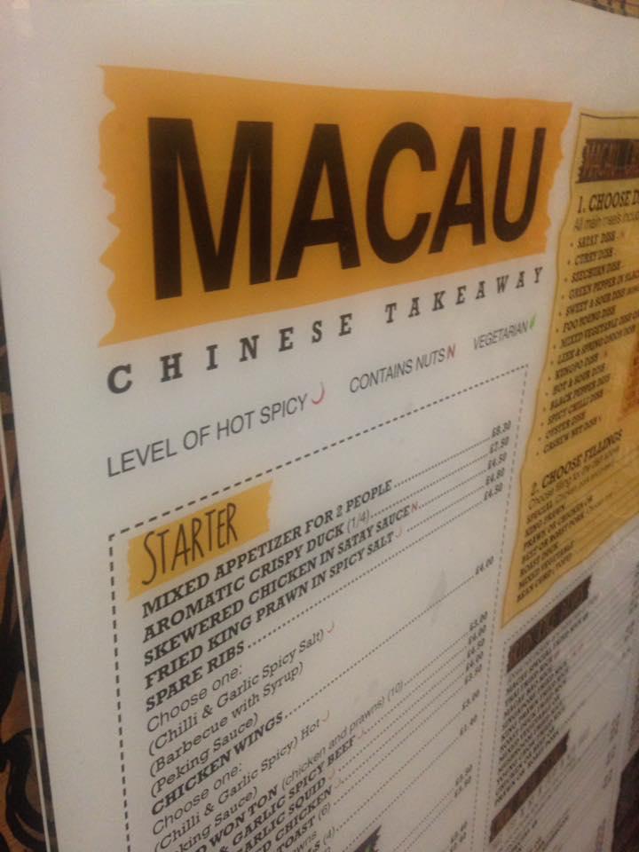 Menu at Macau chinese takeaway restaurant, Hull