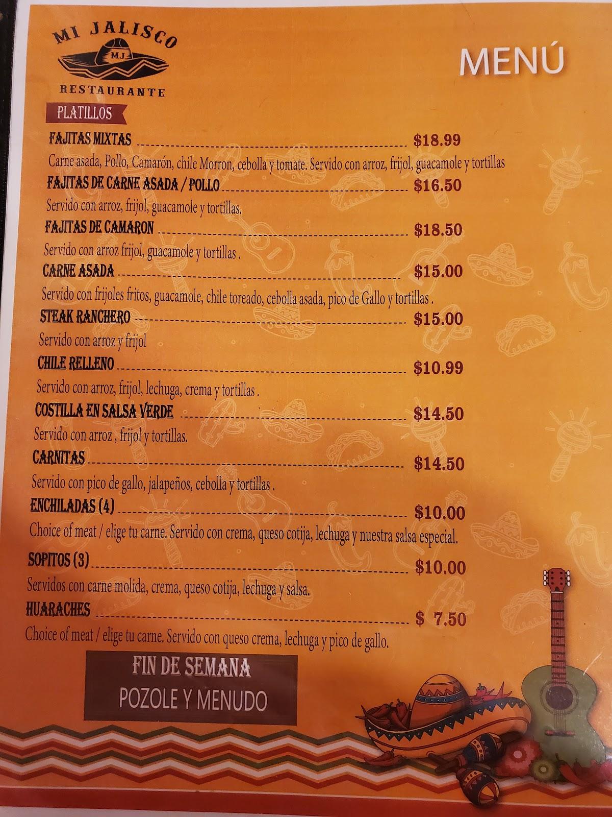 Menu at Mi Jalisco Restaurante, Vallejo