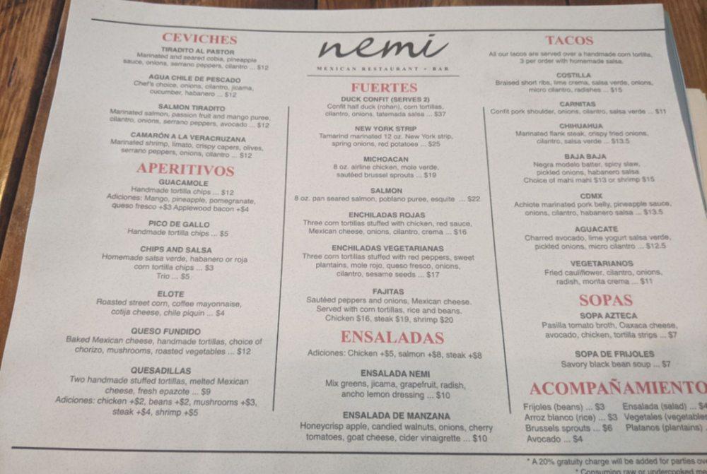 Menu at Nemi restaurant, Philadelphia