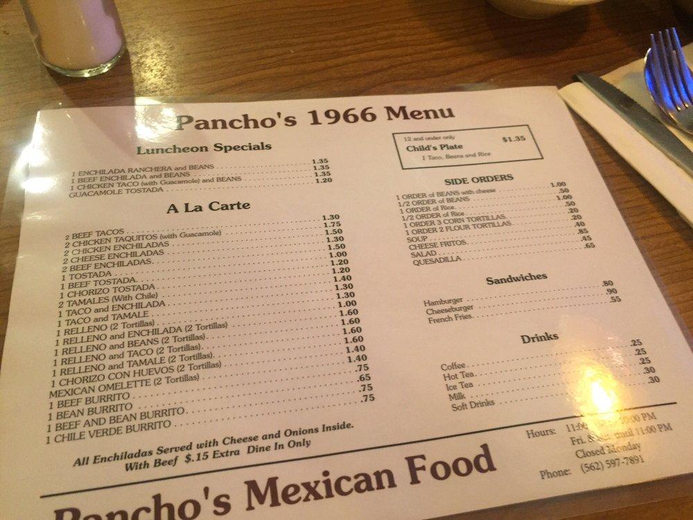 Menu at Pancho's Mexican Food restaurant, Long Beach, Pacific Coast Hwy