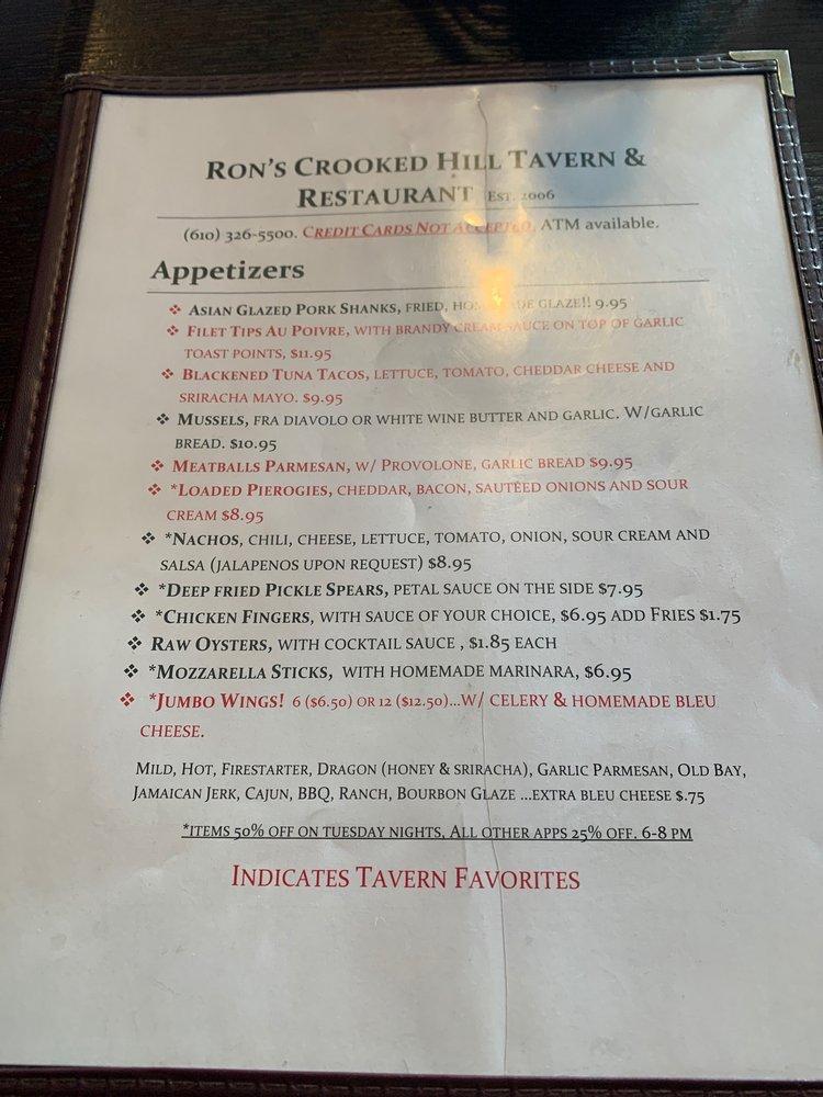 Menu at Ron's Crooked Hill Tavern pub & bar, Pottstown