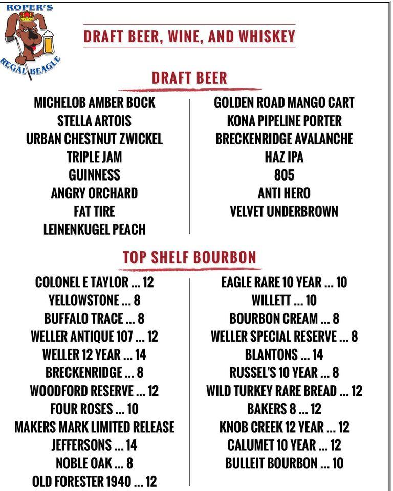 Menu at Ropers Regal Beagle pub & bar, Godfrey