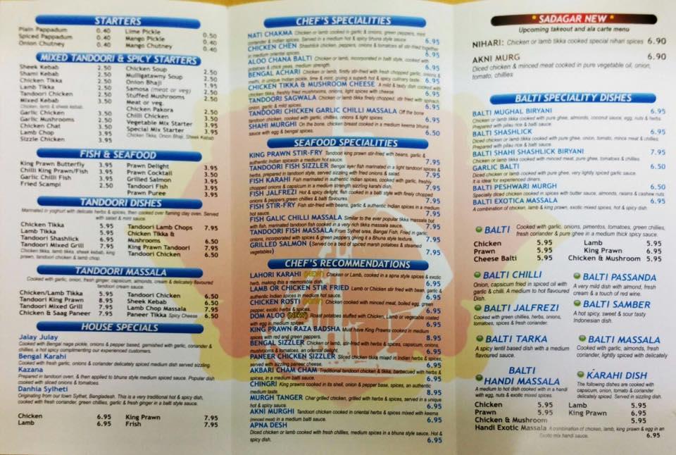 Menu at Sadagar Balti Restaurant, Cheadle