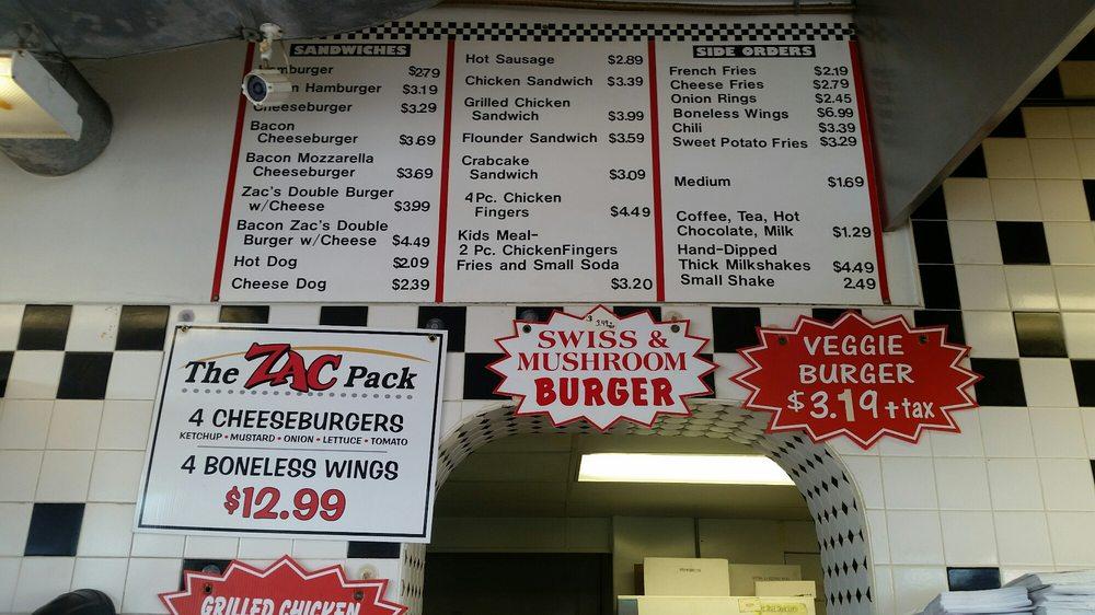 Menu at Zac's Hamburgers restaurant, Crum Lynne