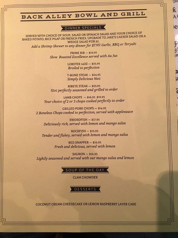 Menu at Back Alley Bowl & Grill pub & bar, Bishop