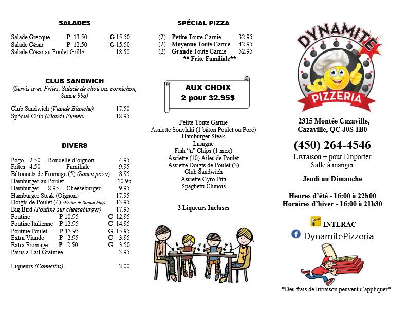 Menu au Dynamite Pizzeria, Cazaville