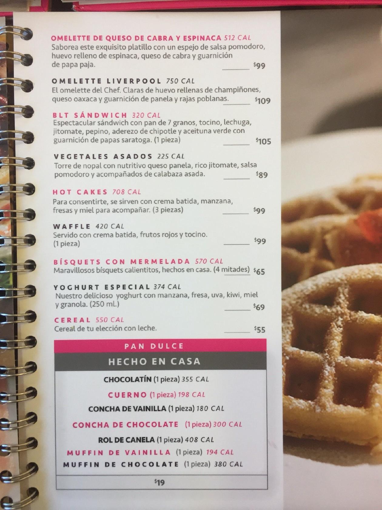 Carta de Restaurante Liverpool, San Miguel de Allende