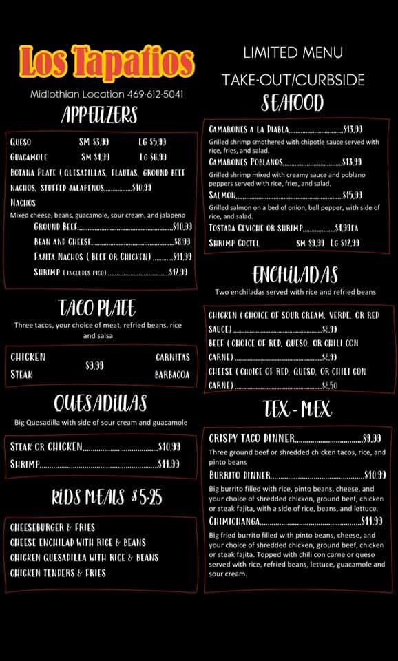 Menu at Los Tapatios restaurant, Midlothian