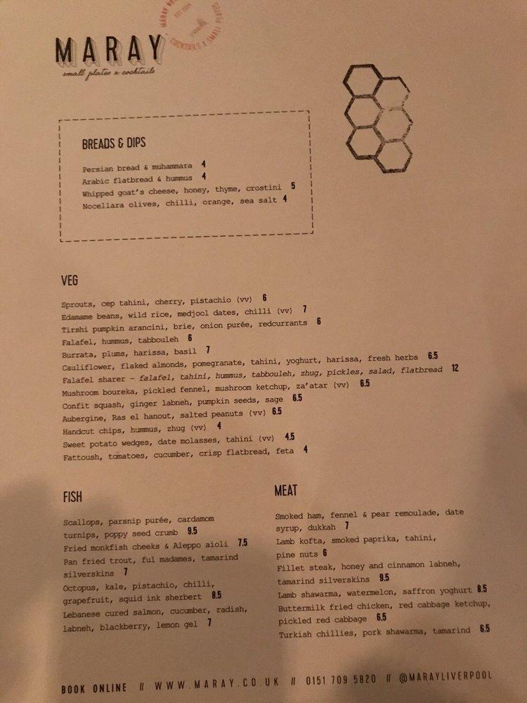 Menu at Maray Bold Street pub & bar, Liverpool, 91 Bold St