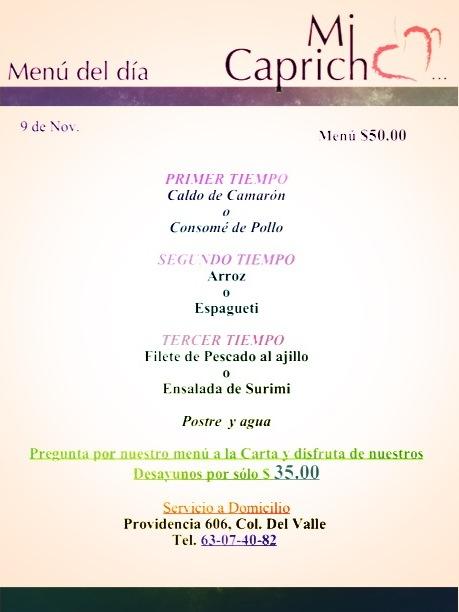 Menu at Mi Capricho restaurant, Mexico City, Blvrd Juan Pablo II 307