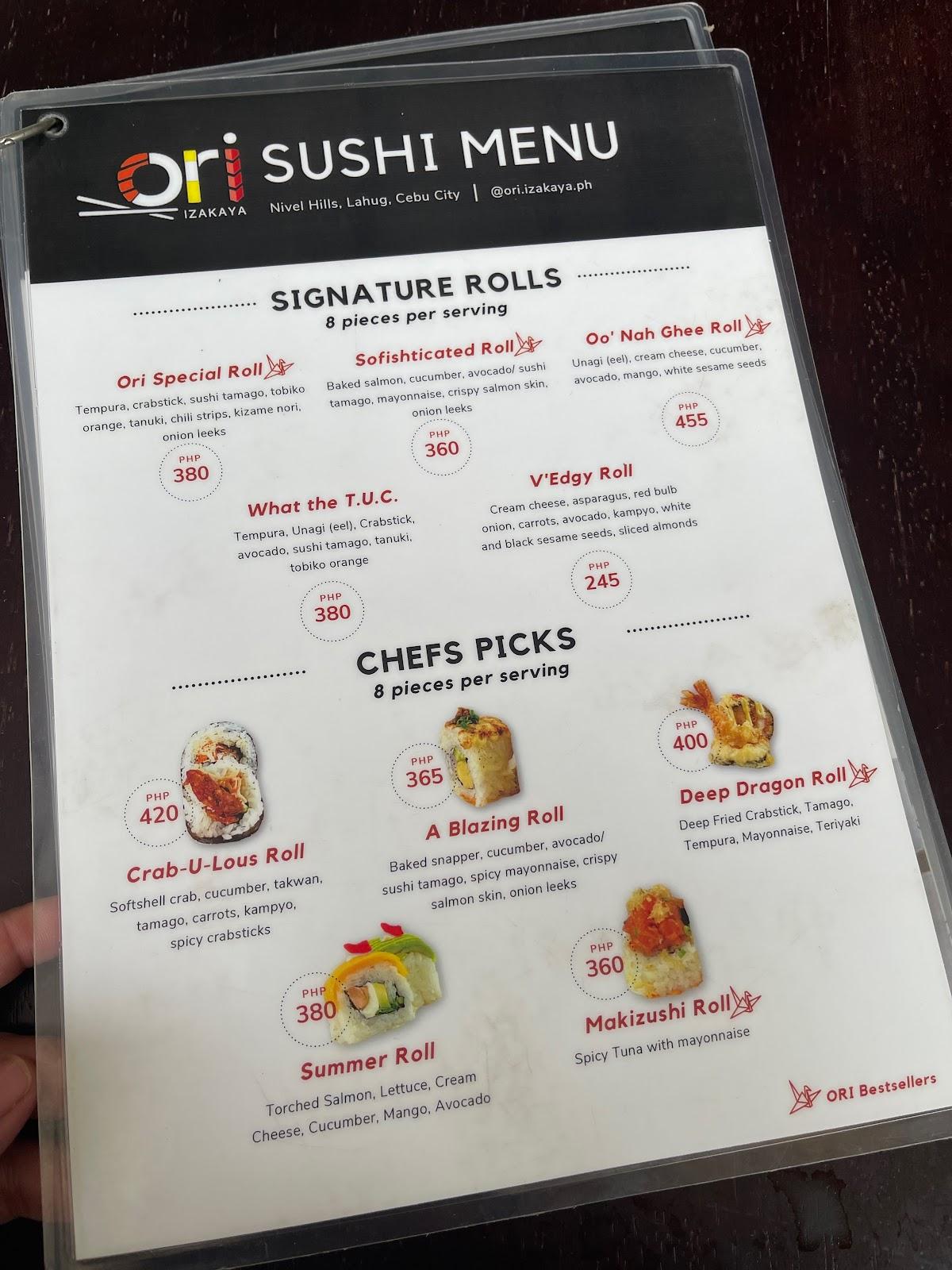 Carta del restaurante Ori Izakaya, Cebú