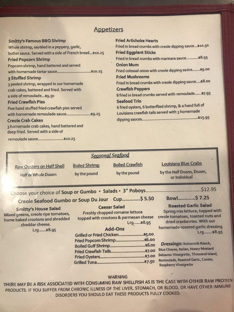 Menu at Smitty's Seafood restaurant, Kenner, W Esplanade Ave