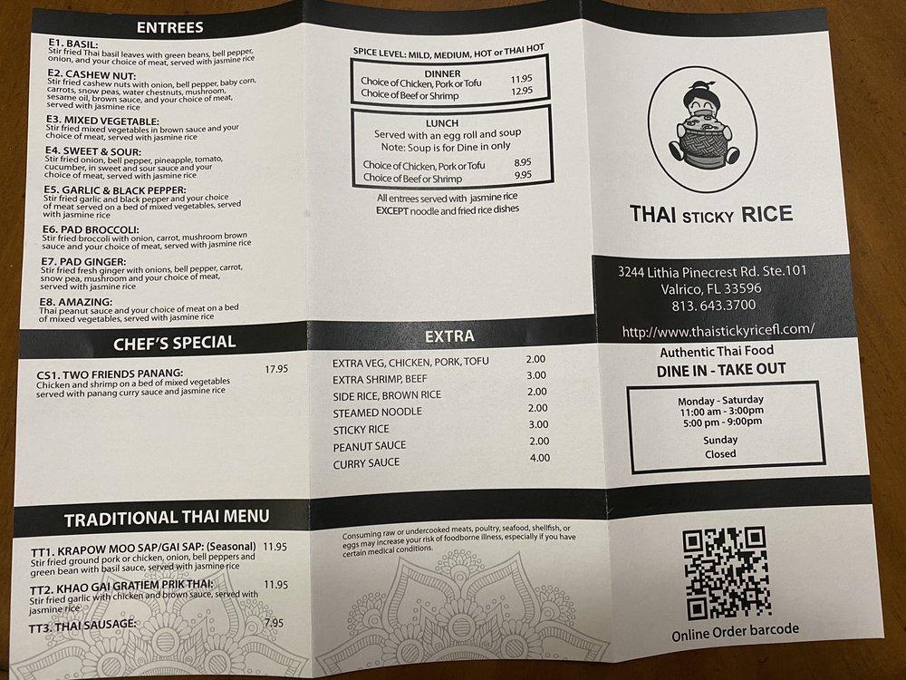 Menu at THAI STICKY RICE restaurant, Valrico