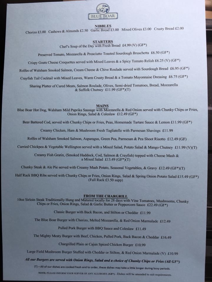 Menu at The Blue Boar Pub and Tearoom, Walsham le Willows