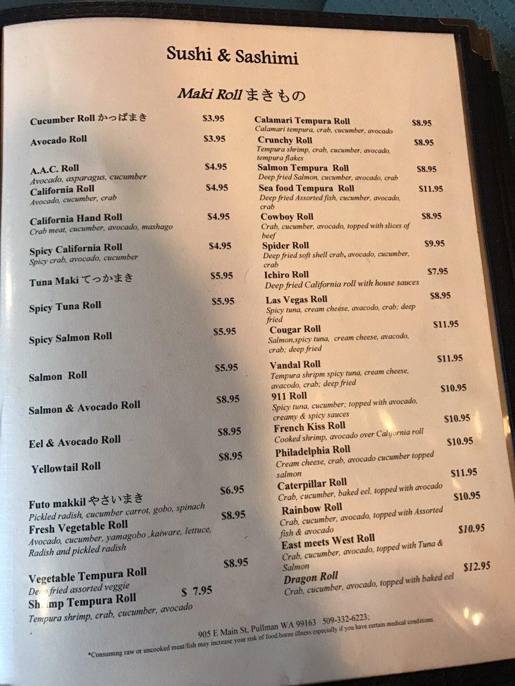 Menu at Tokyo Seoul restaurant, Pullman
