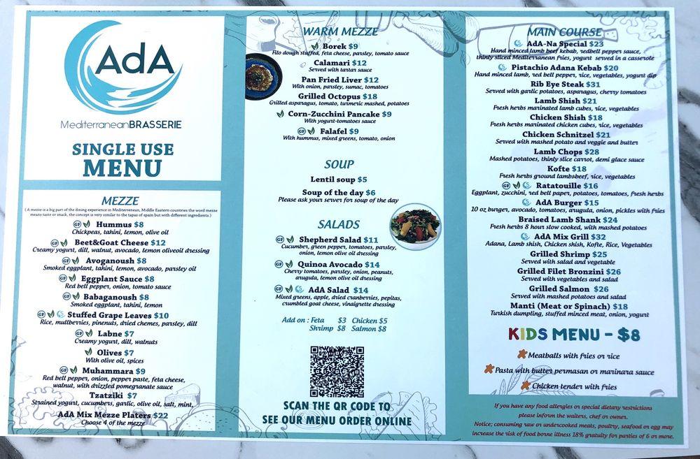 Menu at AdA Mediterranean Brasserie restaurant, Fair Lawn
