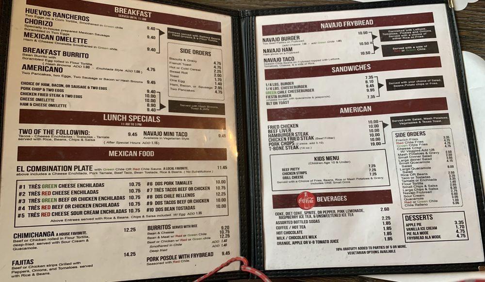 Menu at Amigo Cafe, Kayenta