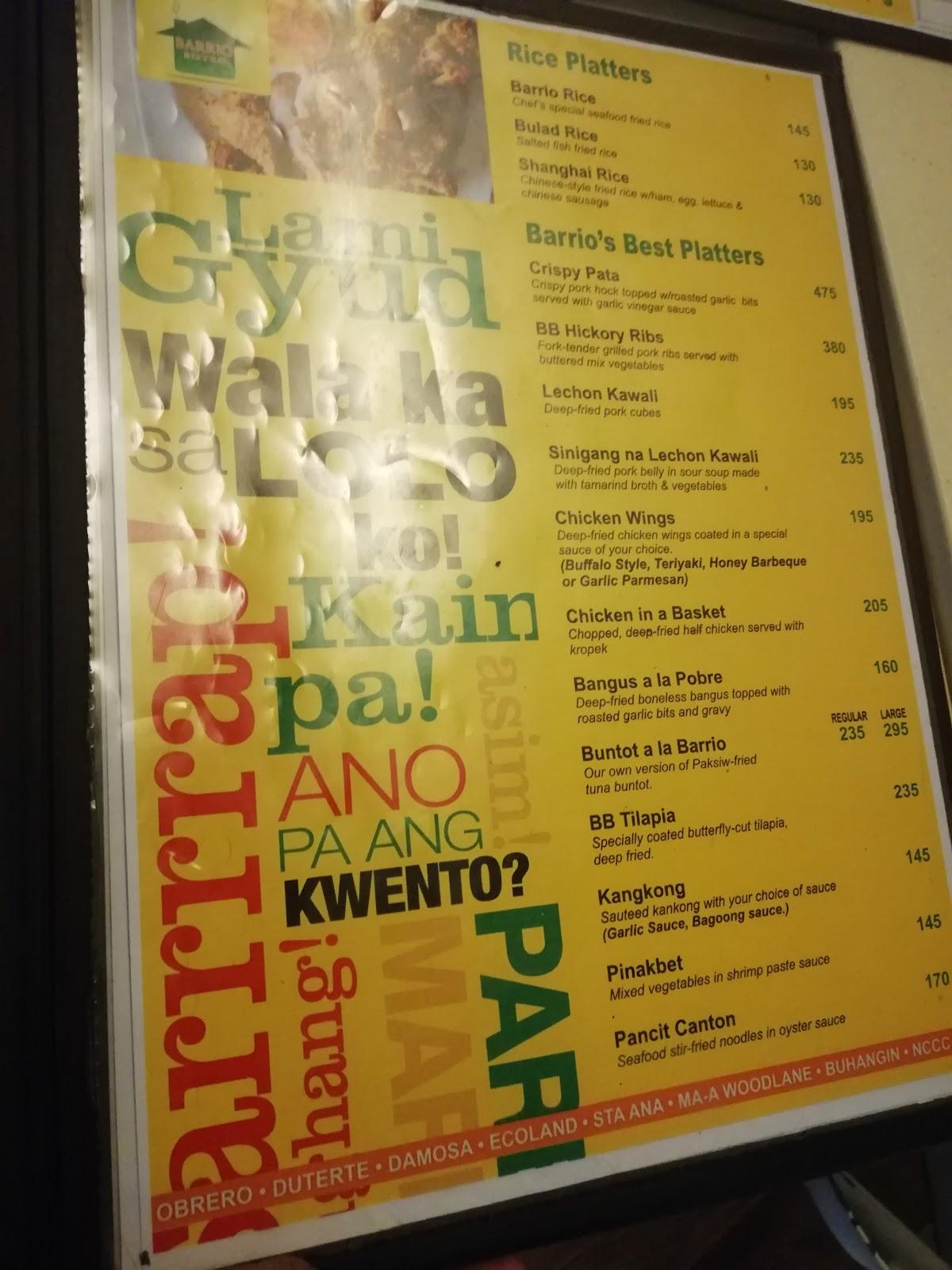 Menu at Barrio Bistro Duterte, Davao City, Gov Duterte St