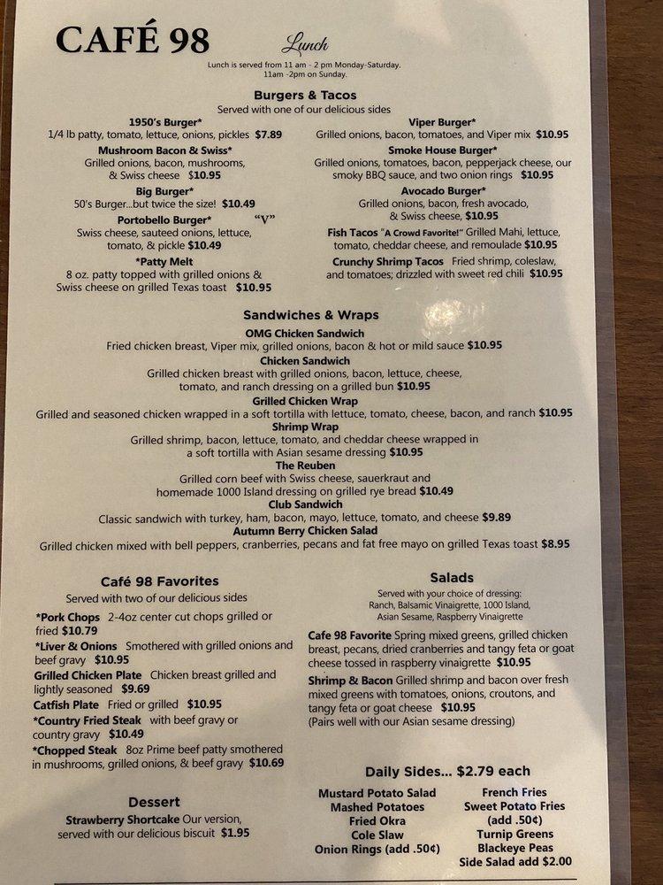 Menu at Cafe 98, Fairhope